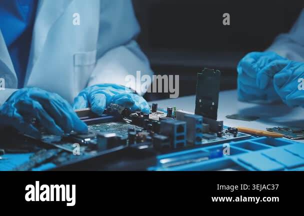 the technician in a protective gloves repairing computer motherboard ...