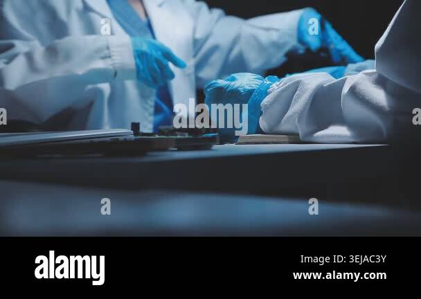 scientist in protective gloves holding microscope in laboratory, close ...