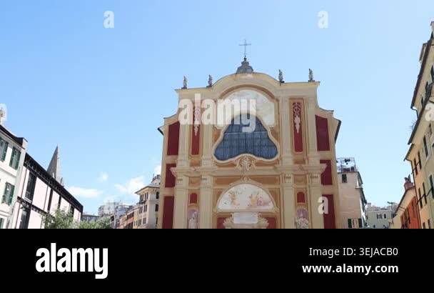 Panning shot San Salvatore church facade Genoa Italy. Smooth camera ...