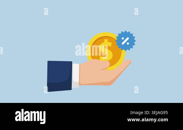 Hand extends a golden coin with a blue discount, Investment and ...