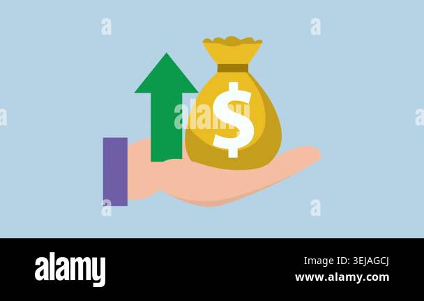 Arrow up with money bag held in hand for financial growth concept 2d ...