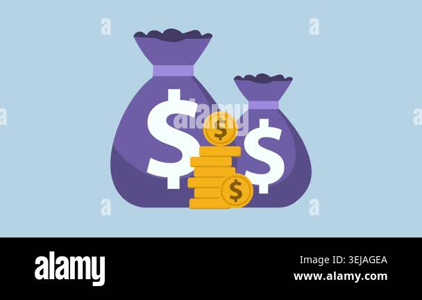 Purple bags stuffed with money coins 2d animation with alpha matte ...