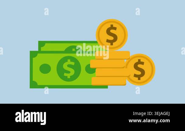 Stacked green bills and golden dollar coins for finance 2d animation ...