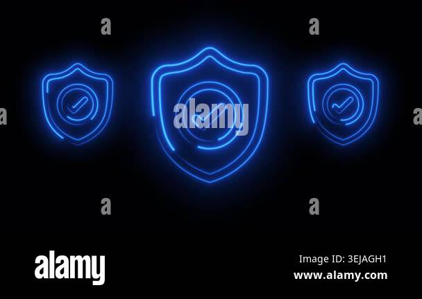 Glowing Neon security shield with check mark icon on black background ...