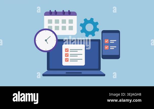 Laptop with checklist, clock, calendar and smartphone, Time Management ...
