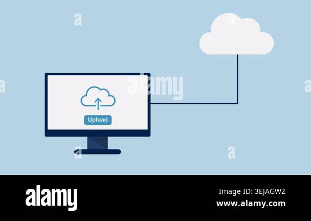 Uploading file to cloud computing with computer screen 2d animation ...