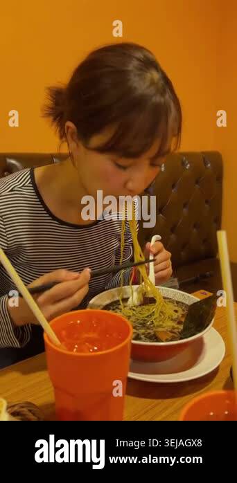 Happy asian woman ready to enjoy delicious lunch break meal, eat hot ...