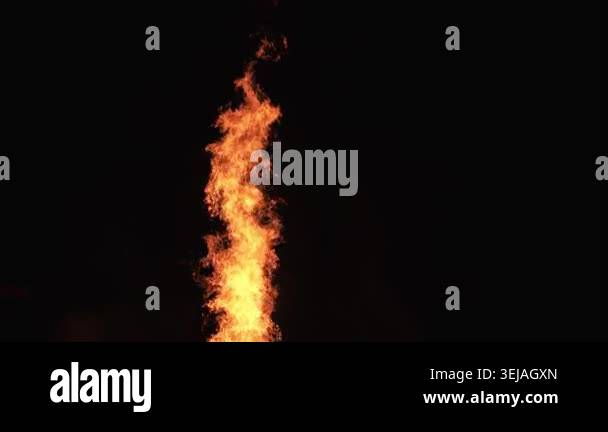 Powerful tall flames burning against a black background in slow motion ...