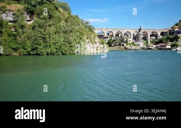 View of Saint Nazaire en Royans and the aqueduct, France Stock Video ...