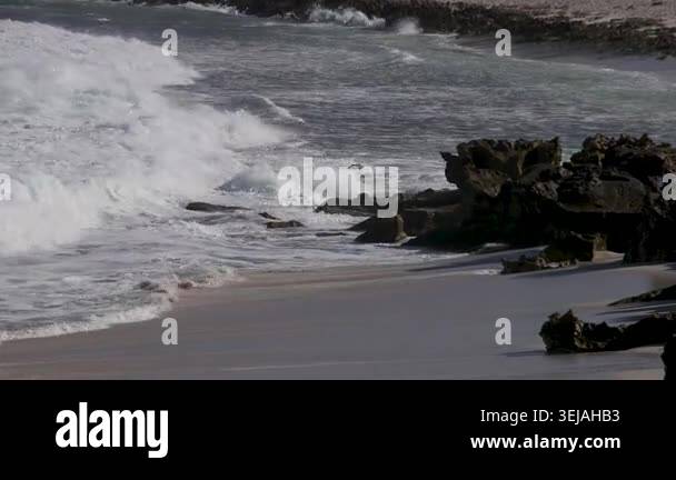 Foamy ocean waves roll onto a rugged beach, interacting with jagged ...