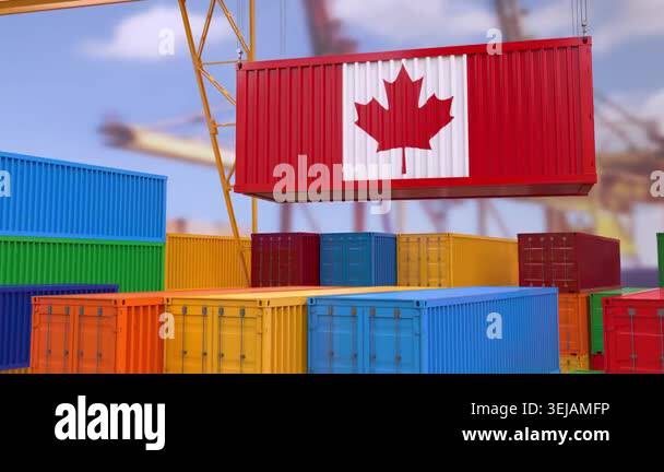 Camera pan showing a container with the Canadian flag in a port dock ...
