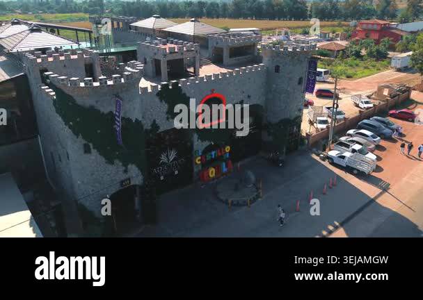 Cinematic Aerial Drone Orbit View of a Modern Castle Style Tequila ...