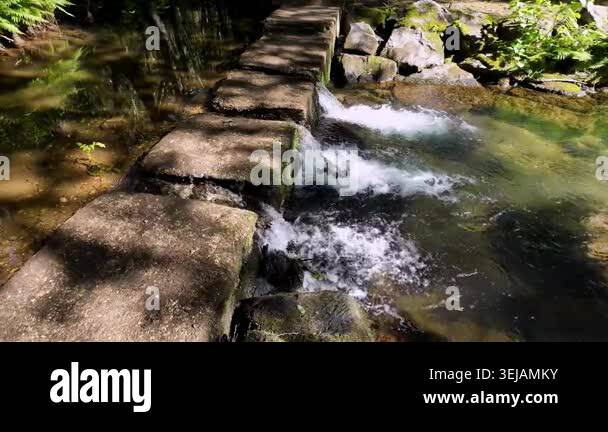 A rustic stone stepping stone path crosses a crystal clear river in ...