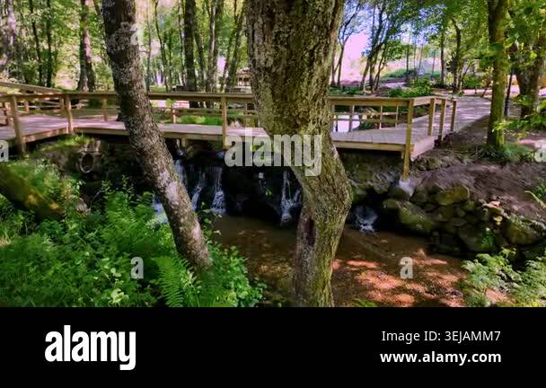 A wooden pedestrian walkway spans a tranquil pond feeding into a small ...