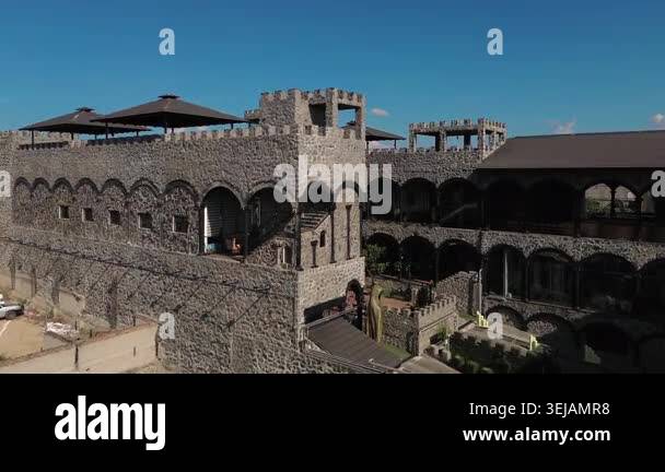 Cinematic Aerial Drone Orbit View of a Modern Castle Style Tequila ...