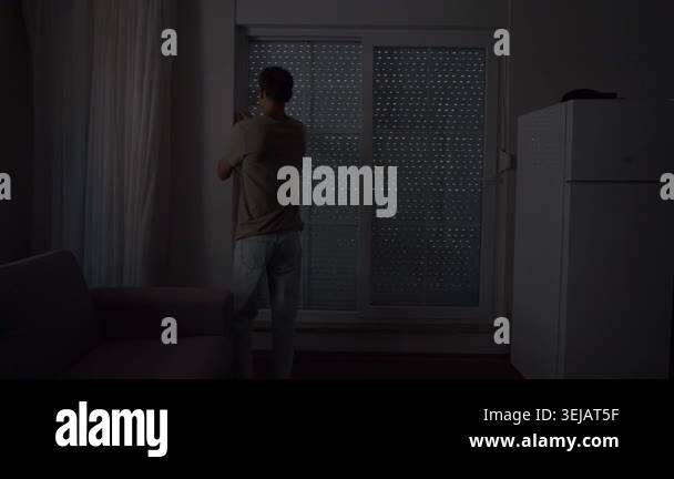 Opening blinds and window in sunny apartment, breathing fresh morning ...