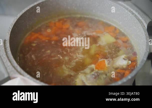 Chicken soup simmering in gray pot on stove with orange carrots and ...