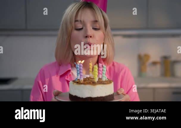Glad smiling joyful Caucasian young woman female girl at home kitchen ...