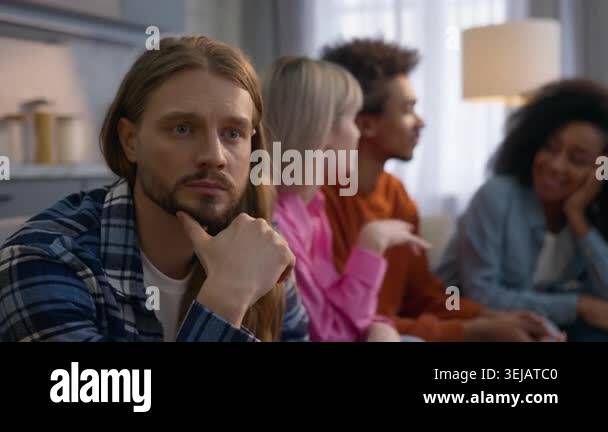 Sad pensive Caucasian man think alone home frustrated introvert feeling ...