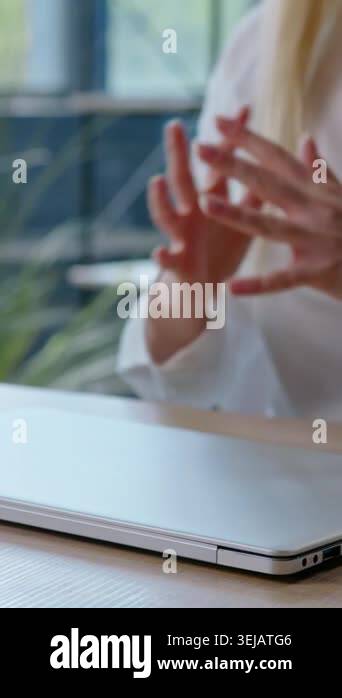 Satisfied Caucasian businesswoman completing working with laptop ...