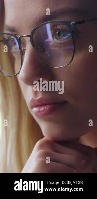 Portrait Caucasian business woman in glasses serious thinking looking ...