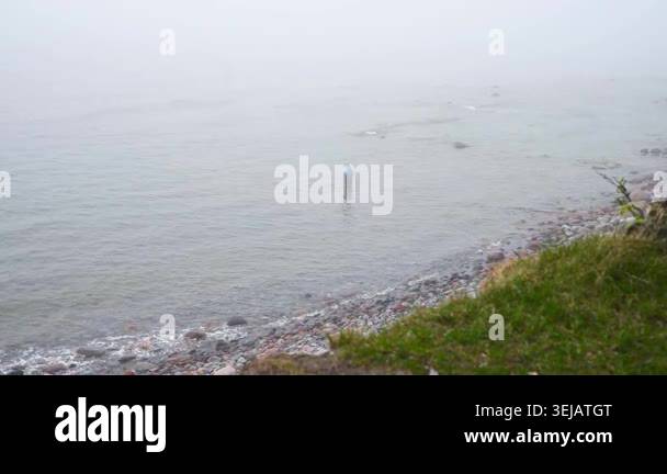 Fisherman wading waist-deep in tranquil water under soft fog light in ...