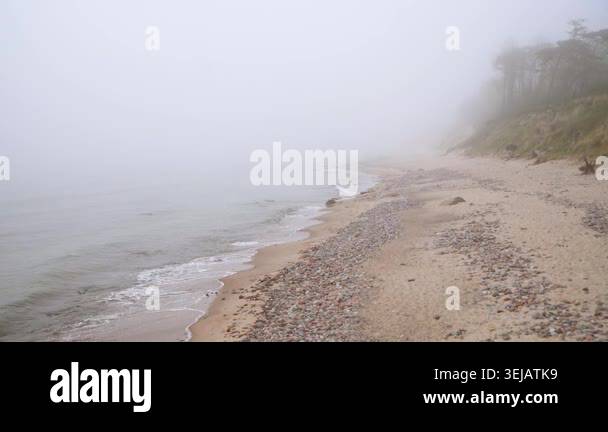 Serene foggy seashore view with soft light fading into mist, calm water ...