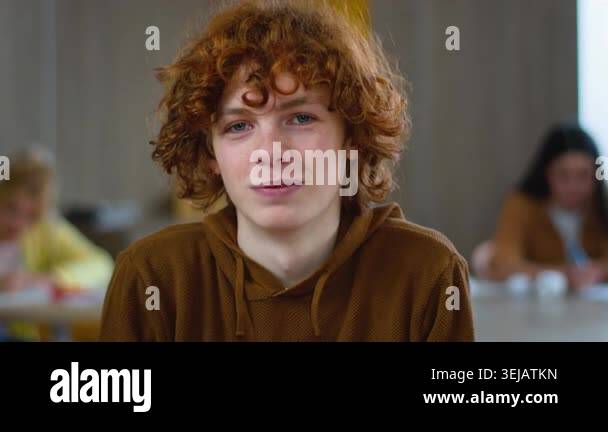 Caucasian happy student teen male boy smiling toothy braces looking at ...