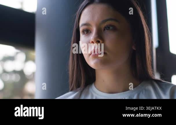 Close up portrait Caucasian pensive girl student ponder thinking teen ...