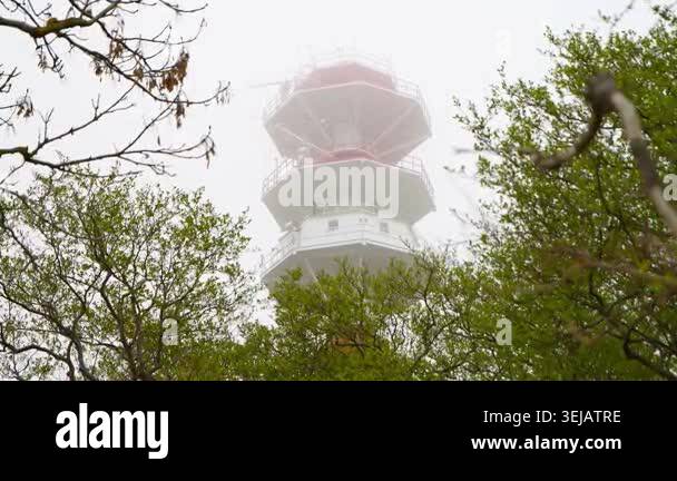Tall red and white lighthouse tower emerges through dense green tree ...