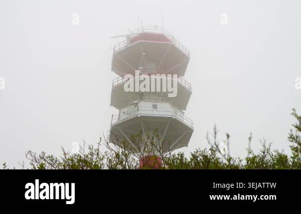 Octagonal lighthouse tower painted white and red seen from low angle ...