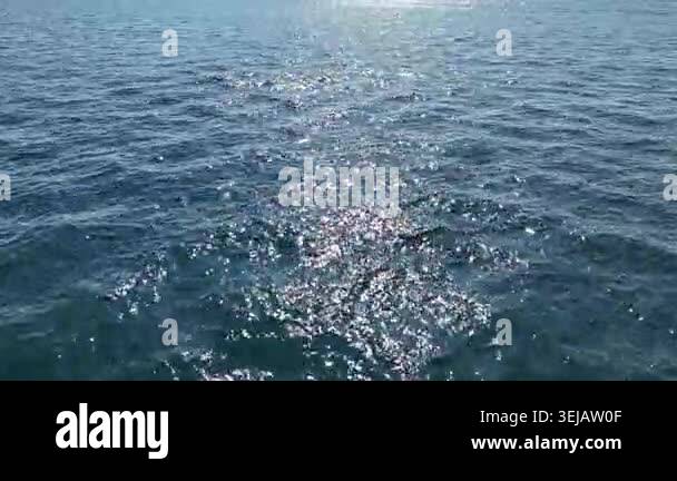 4K Drone shot of sparkling sun glares reflecting on dark blue ocean ...