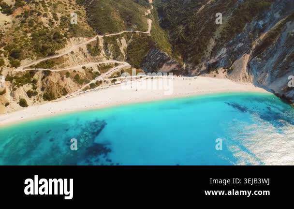 Aerial top down view of Myrtos Beach with turquoise sea waters in ...