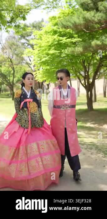 Two people wearing traditional korean hanbok walking Stock Video ...