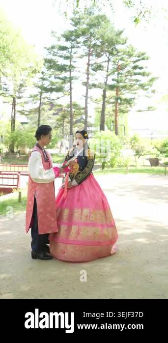 Two people wearing traditional korean hanbok outdoors Stock Video ...