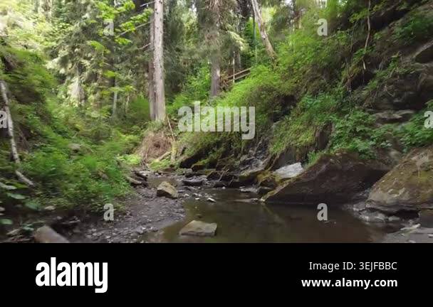 Mountain stream flowing under the stone abandoned arched railroad ...