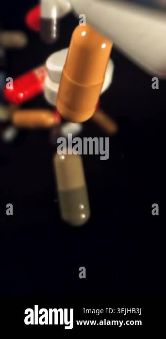 Assorted pills tumbling through cinematic darkness, pharmaceutical ...