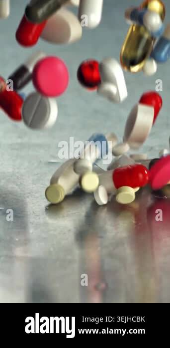 Assorted colorful pills and capsules tumble across metal table, Filmed ...