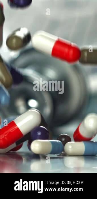 Multicolored capsules scattered near stethoscope, laboratory research ...