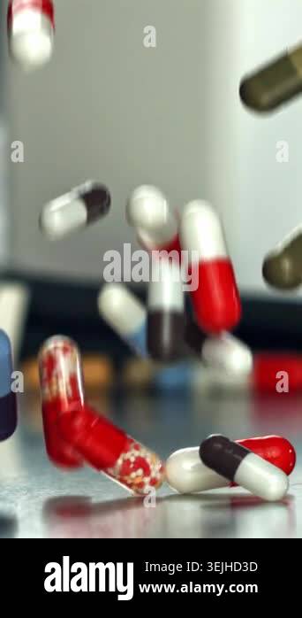 Colorful capsules cascade in front of blurred medical equipment Filmed ...