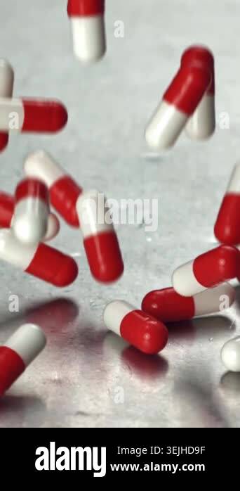 Red white capsules scattered on metal, closeup of pharmacist inventory ...