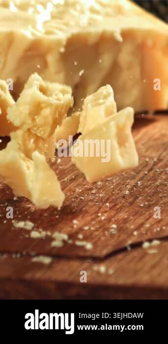Parmesan cheese falls on a wooden board. Filmed on a high-speed camera ...
