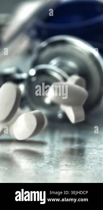 White tablets tumbling across clinical metal surface Filmed on a high ...