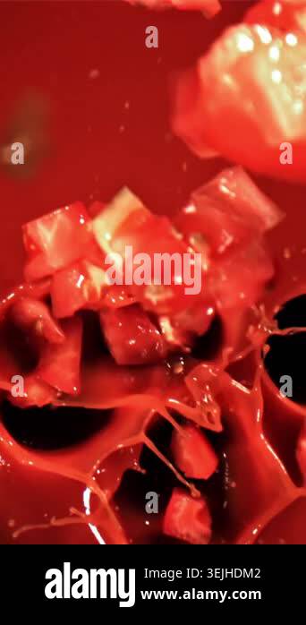 Pieces of chopped tomatoes fall into the sauce. Filmed on a high-speed ...
