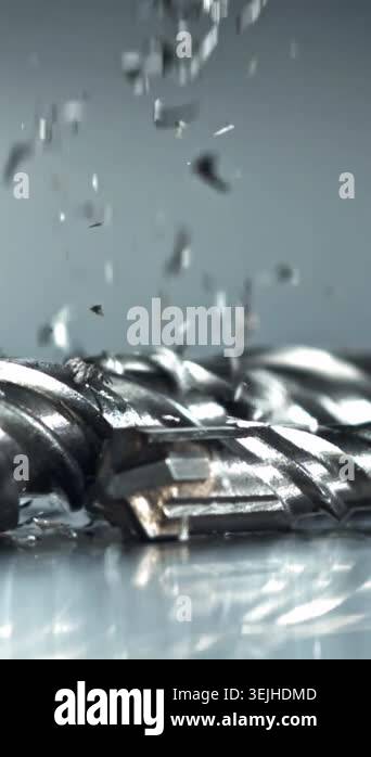 Closeup drill bit cutting metal, spiral chips and shimmering swarf ...