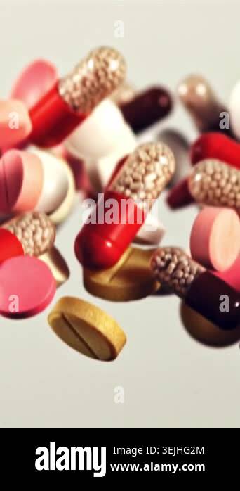 A bunch of different pills fly up and fall down. On a white background ...