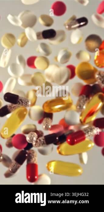 Various medical pills and capsules take off and slowly rotate in flight ...
