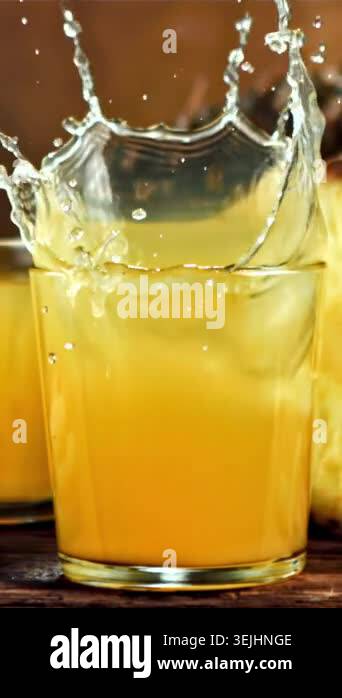 Piece of pineapple falls into pineapple juice. Filmed is slow motion ...