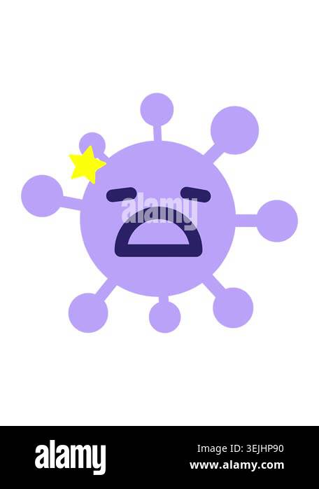 Animated illustration of a sad purple virus character with a yellow ...