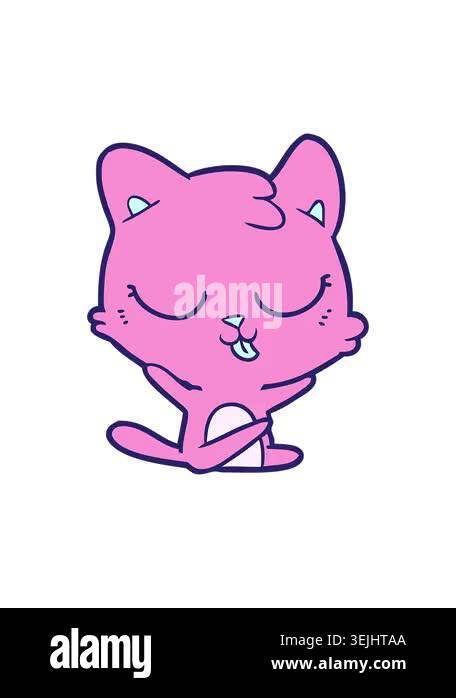 Cute pink cat character sitting calmly with closed eyes and a happy ...